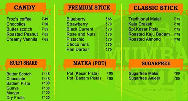 Menu of Mumbai Kulfi, Ram Nagar, Vizag