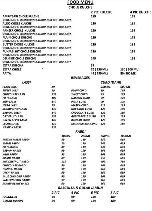 Menu of Sita Ram Chole Kulche, Sector 12, Gurgaon