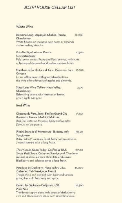 Menu at Joshi House, Mumbai, 602 Ambedkar Road