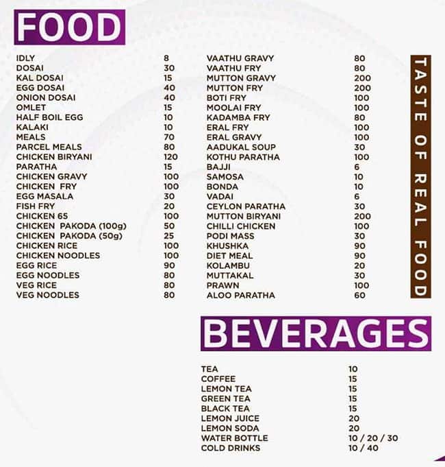 Menu of Meena's Kitchen, Ambattur, Chennai