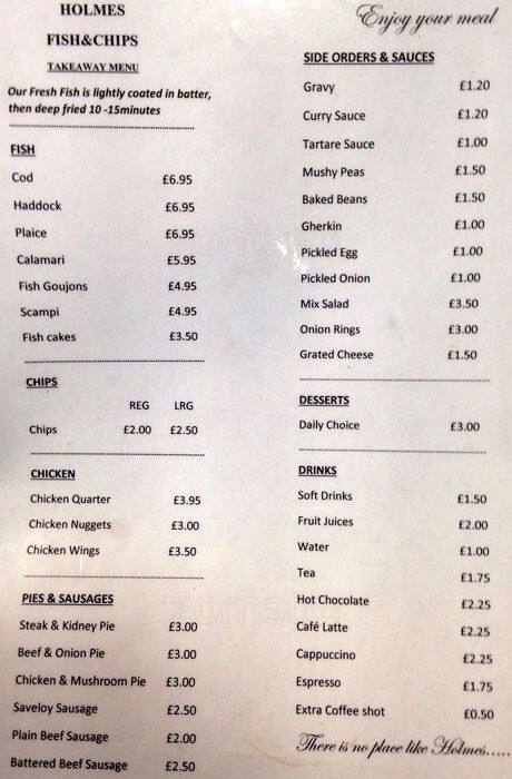 Holmes Fish And Chips Menu, Menu for Holmes Fish And Chips, Marylebone ...