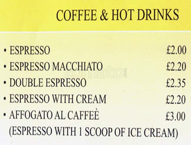 Menu at Caffe Gelato cafe, Upminster, 99 Corbets Tey Rd