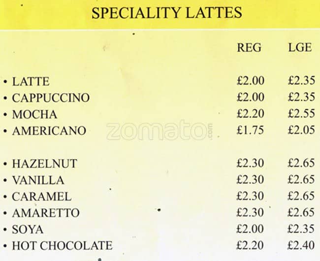 Menu at Caffe Gelato cafe, Upminster, 99 Corbets Tey Rd