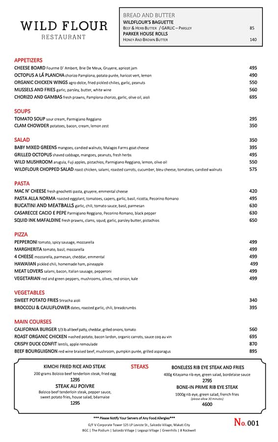 Carta de Wildflour Cafe + Bakery - BGC, Taguig, Ground Floor Six/NEO 5th Avenue