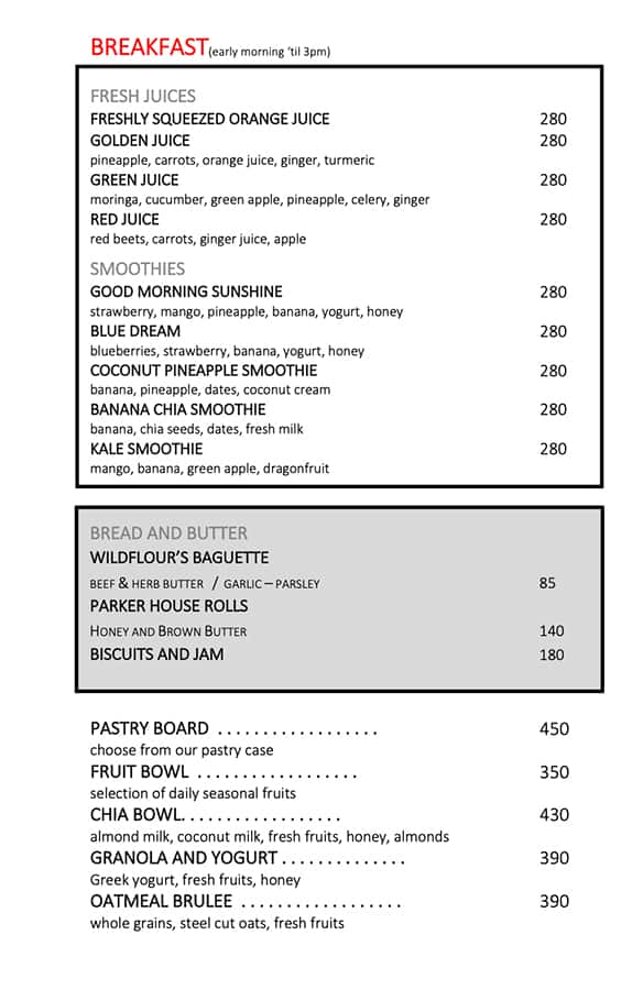 Menu at Wildflour Café + Bakery - Rada, Makati, Ground Floor