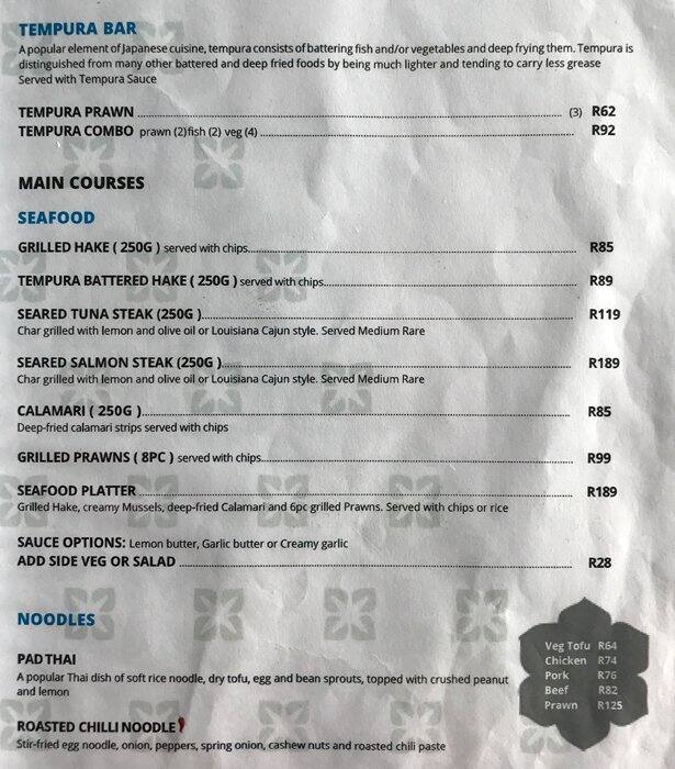 Menu au Suki Japanese Tapas & Sushi restaurant, Le Cap