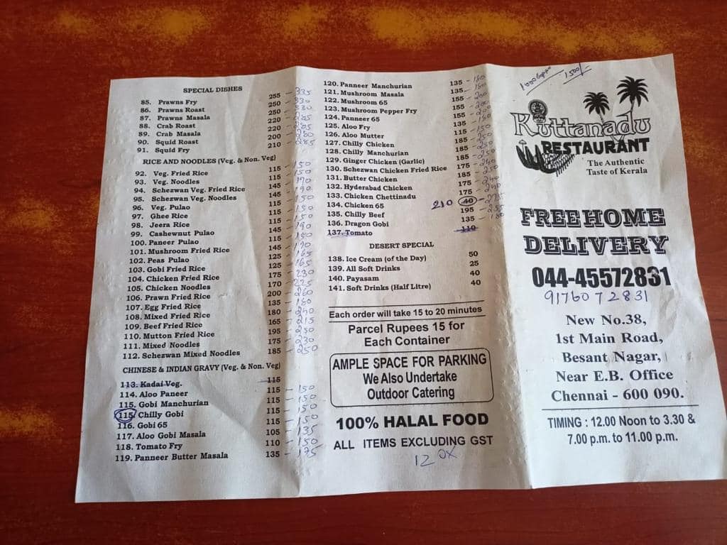 Menu of Kuttanad Restaurant, Adyar, Chennai