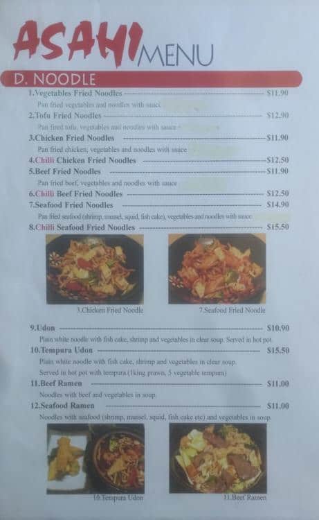 Menu at Asahi Japanese Restaurant, Orewa, 6 Bakehouse Ln