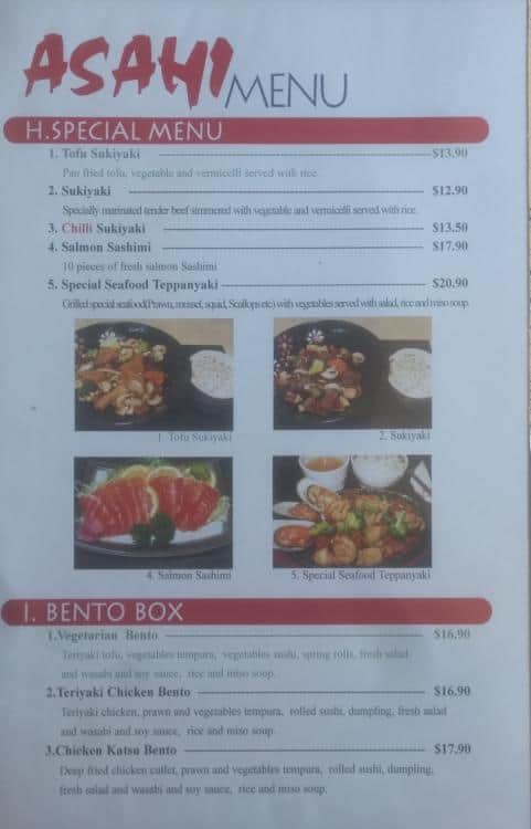 Menu at Asahi Japanese Restaurant, Orewa, 6 Bakehouse Ln
