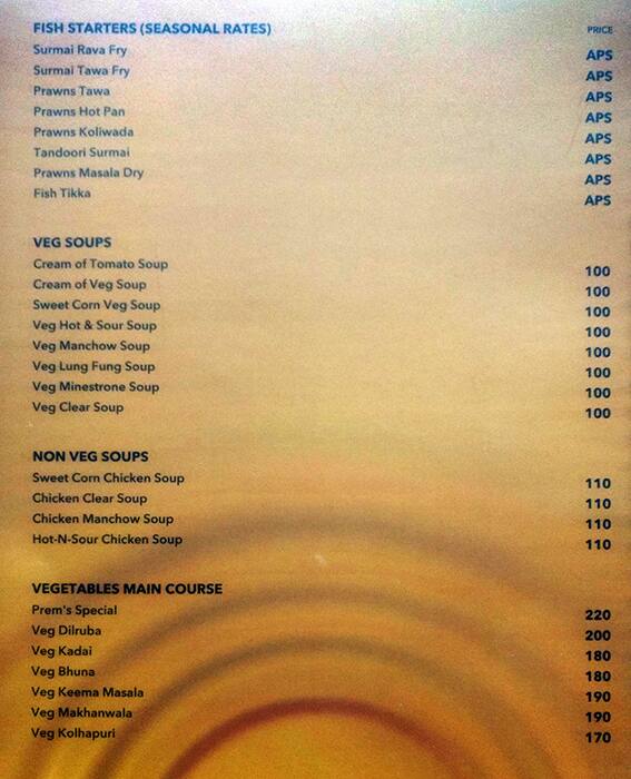Menu at prem restaurant, Pune, Garuda hotel
