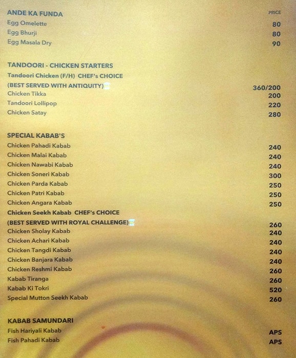 Menu at prem restaurant, Pune, Garuda hotel