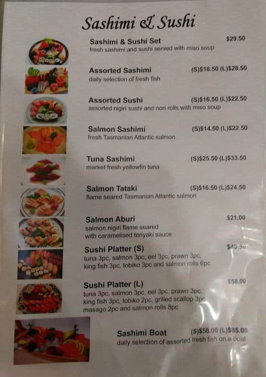Menu at Kansai Japanese Restaurant, Sydney, B1/7-13 Hunter St