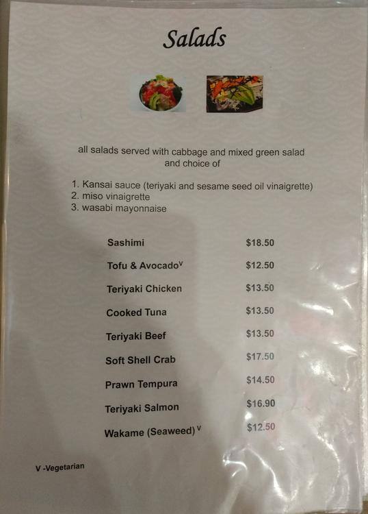 Menu at Kansai Japanese Restaurant, Sydney, B1/7-13 Hunter St