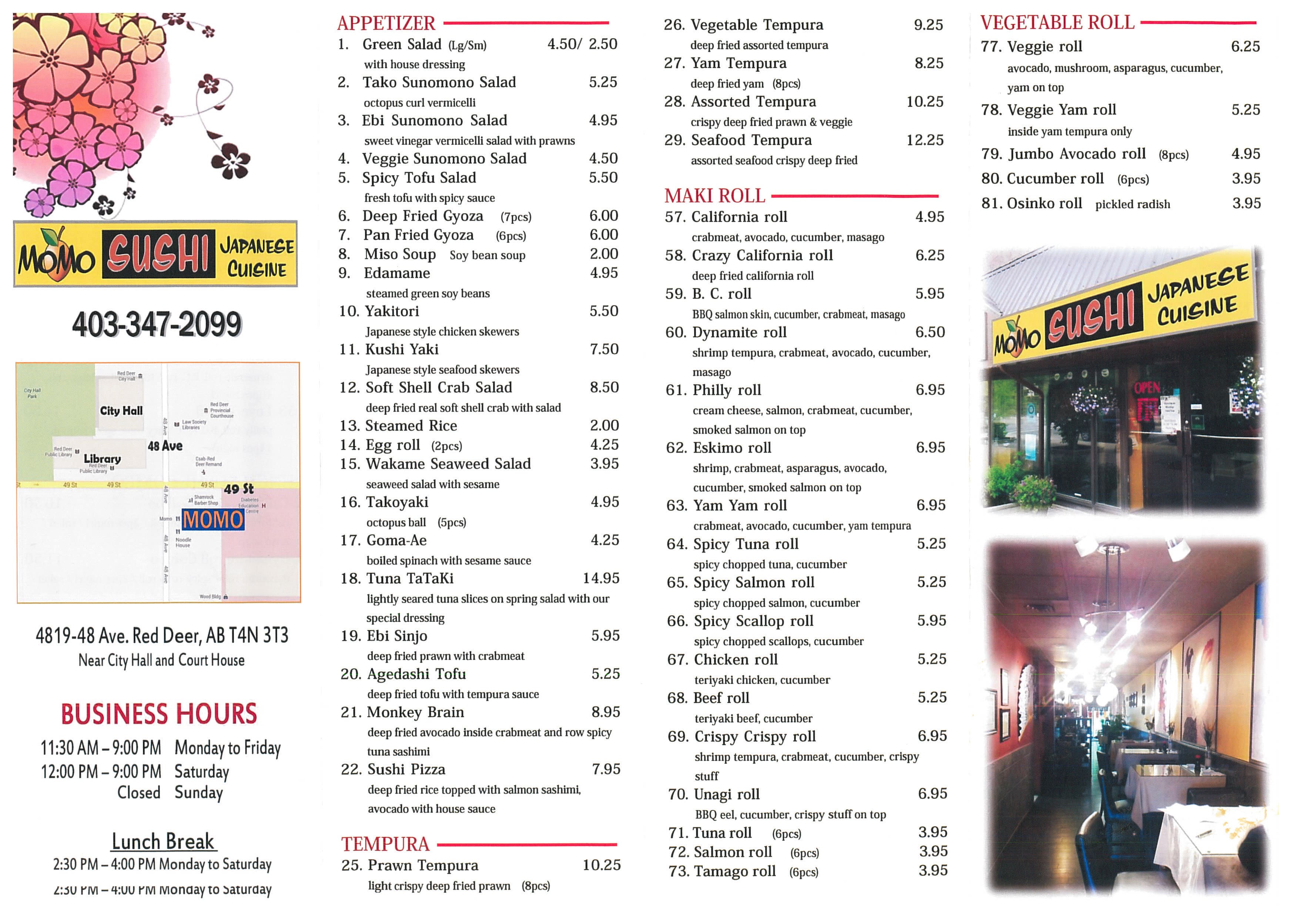 Menu at Momo Sushi restaurant, Red Deer