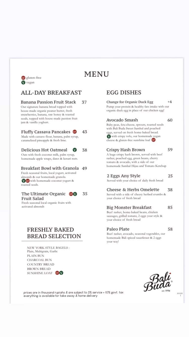 Menu at Bali Buda Ubud restaurant, Gianyar