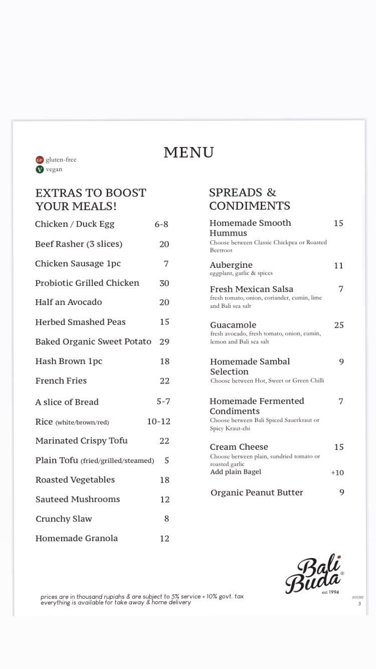 Menu at Bali Buda Ubud restaurant, Gianyar
