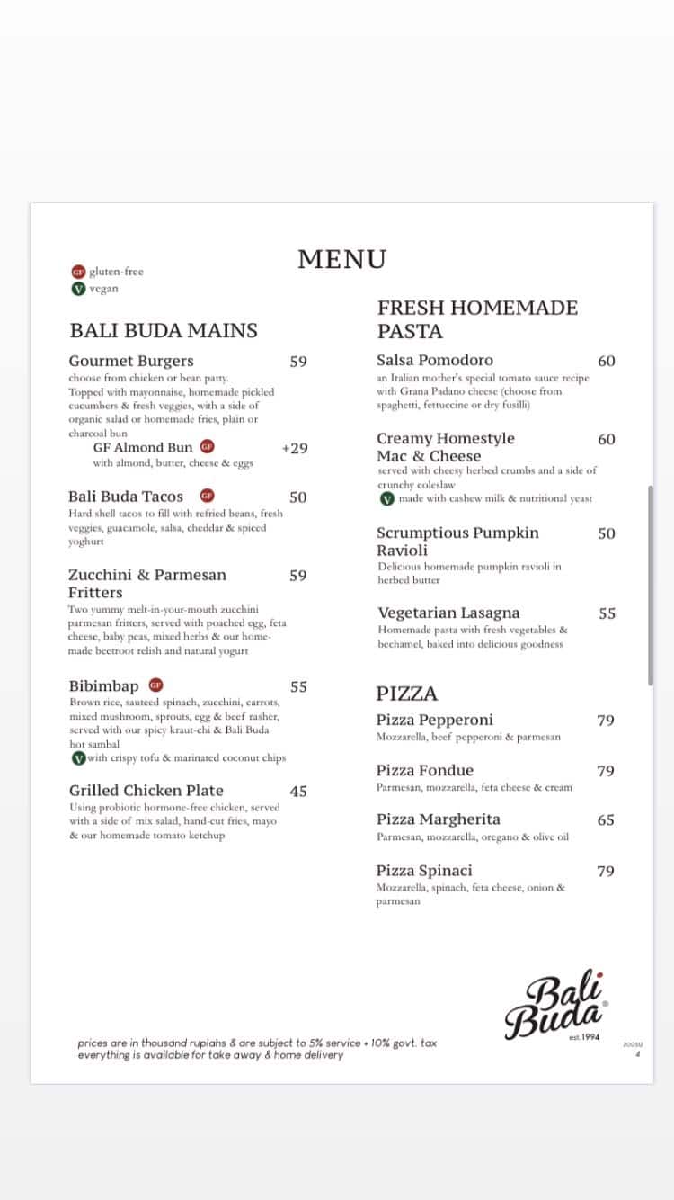 Menu at Bali Buda Ubud restaurant, Gianyar
