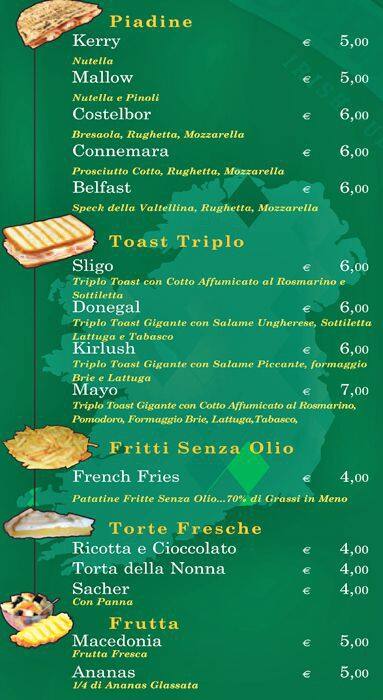 Menu at Dervock Irish Pub, Rome