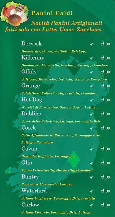 Menu at Dervock Irish Pub, Rome