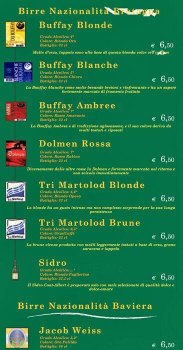 Menu at Dervock Irish Pub, Rome