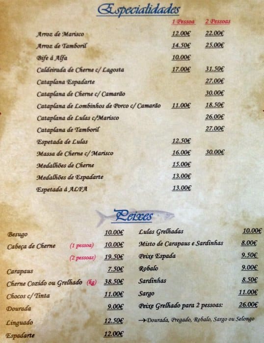 Menu em Alfa 2 restaurante, Portugal