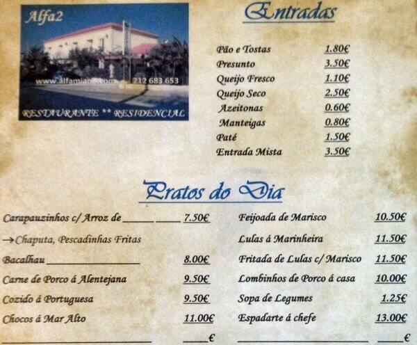Menu at Alfa 2 restaurant, Portugal