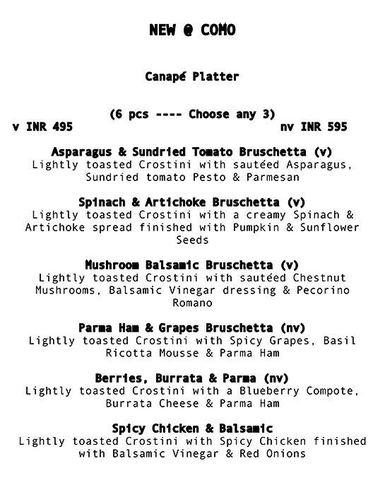 Menu of COMO - Pizzeria, Sector 15, Gurgaon