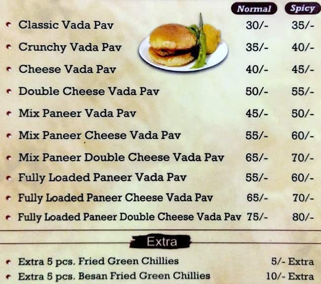 Menu at Mumbai Vada Pav, Ludhiana, Mumbai Vada Pav Only Take Away