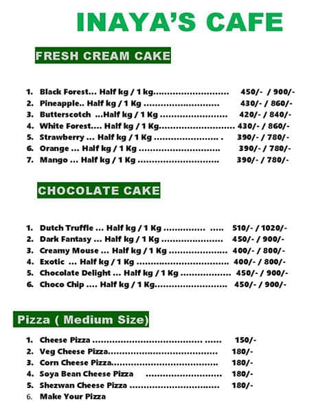 Menu of Inaya's Cafe, Mira Road, Mumbai