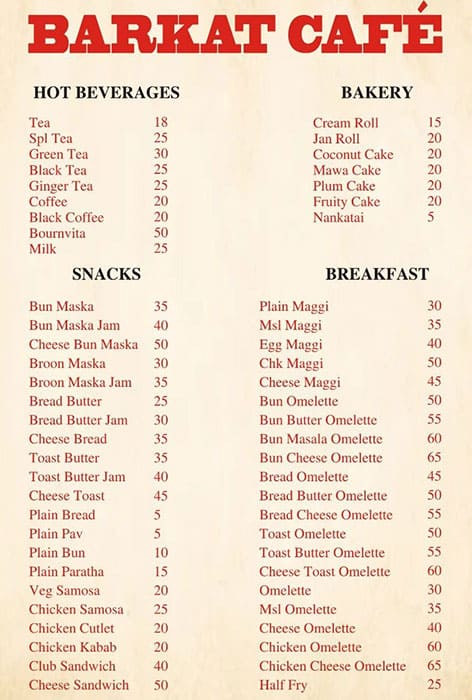 Menu of Barkat Cafe, Kondhwa, Pune