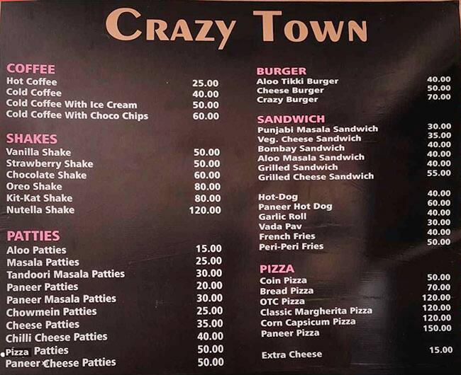 Menu of Crazy Town, Mansarovar, Jaipur