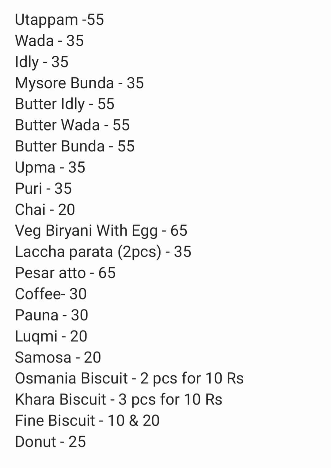 Menu at Kafe Chai Nashta, Hyderabad