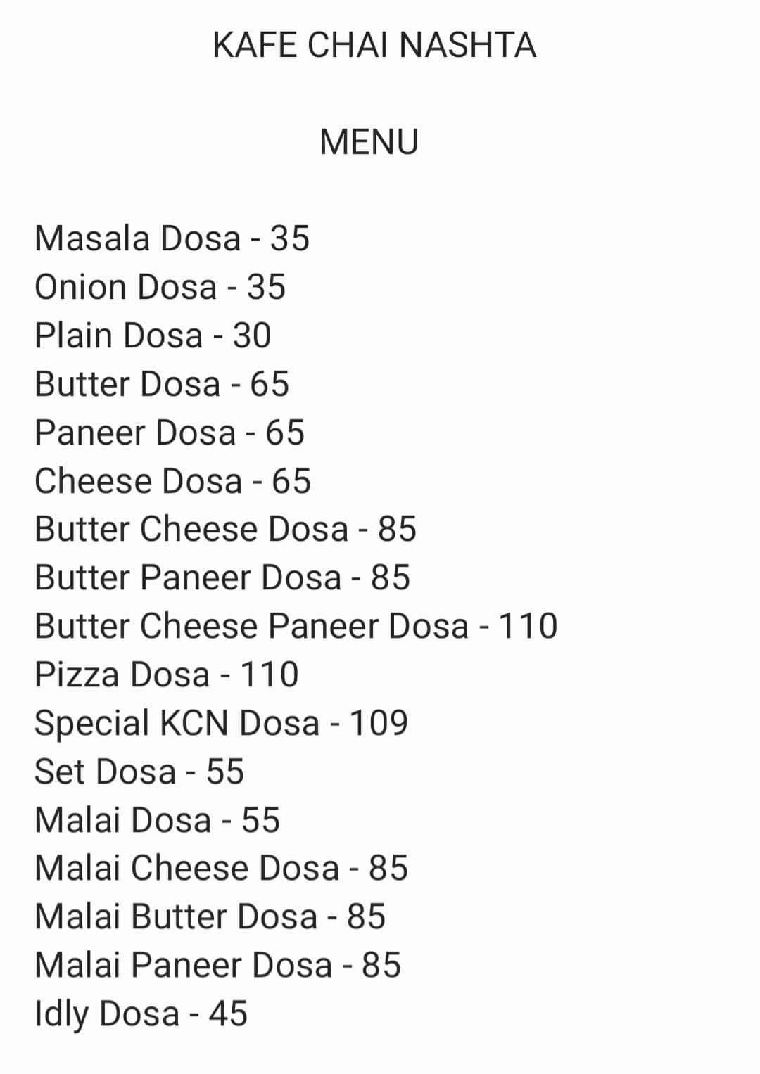 Menu at Kafe Chai Nashta, Hyderabad