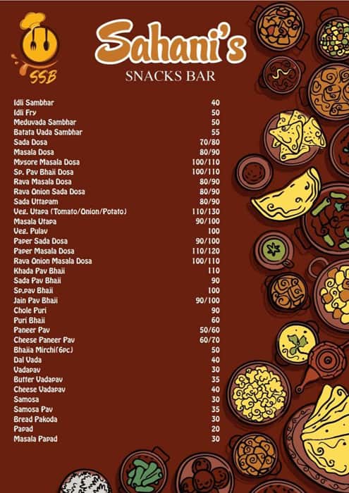 Menu of Sahani's Snacks Bar, Airport Gandhinagar Highway, Gandhinagar