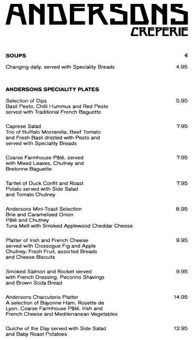 Menu at Andersons Food Hall & Cafe, Dublin, 3 The Rise