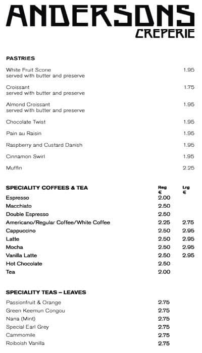 Menu at Andersons Food Hall & Cafe, Dublin, 3 The Rise