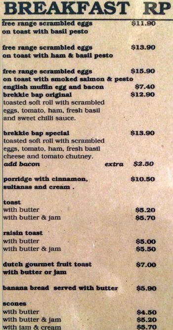 Menu at T Bar, Adelaide, 44 Gouger St