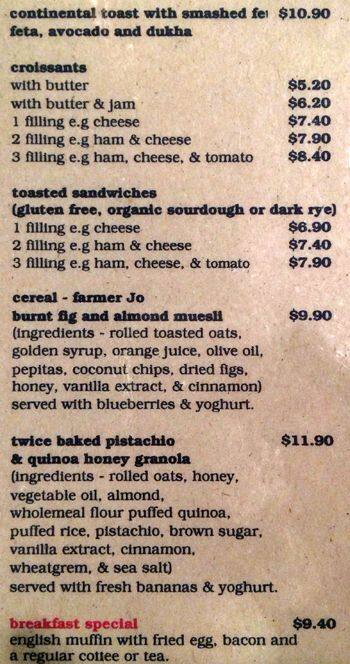 Menu at T Bar, Adelaide, 44 Gouger St