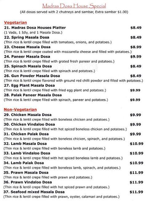 Menu au Madras Dosa House restaurant, Vancouver