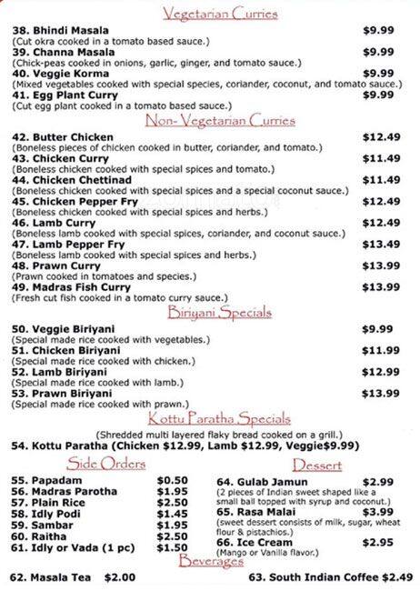 Menu au Madras Dosa House restaurant, Vancouver