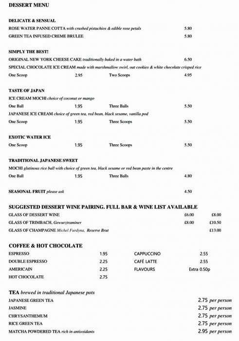 Menu at Beni Shoga restaurant, London, Imperial Wharf