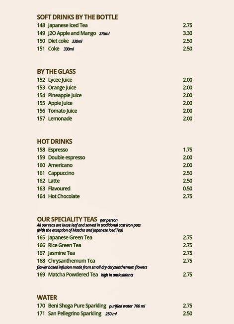 Menu at Beni Shoga restaurant, London, Imperial Wharf