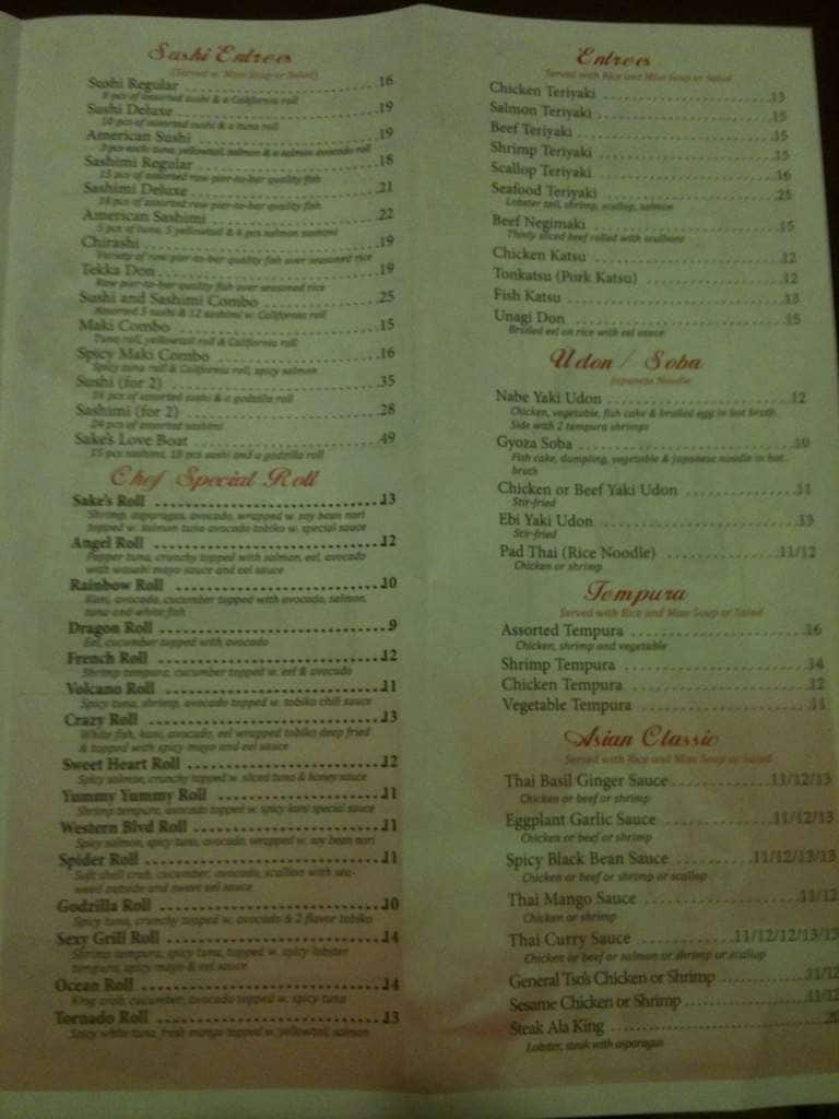 Menu at Sake Asian Fusion restaurant, Jacksonville