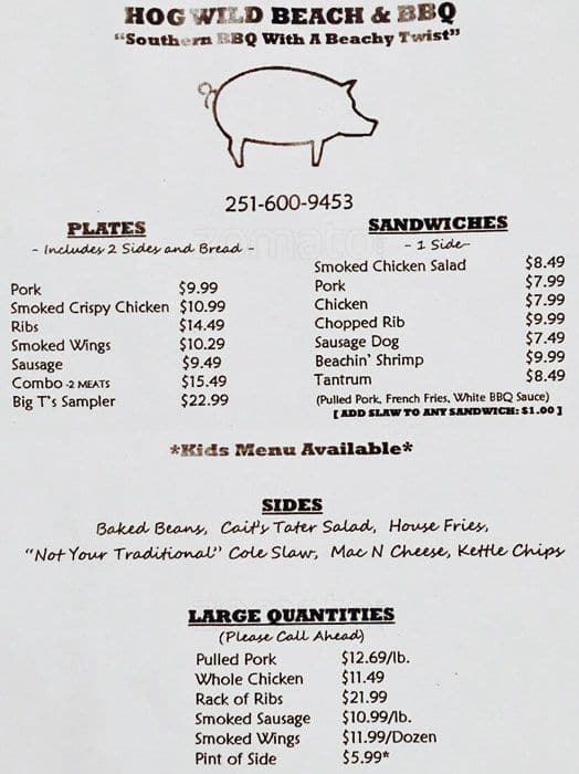 Menu at Hog Wild BBQ, Gulf Shores