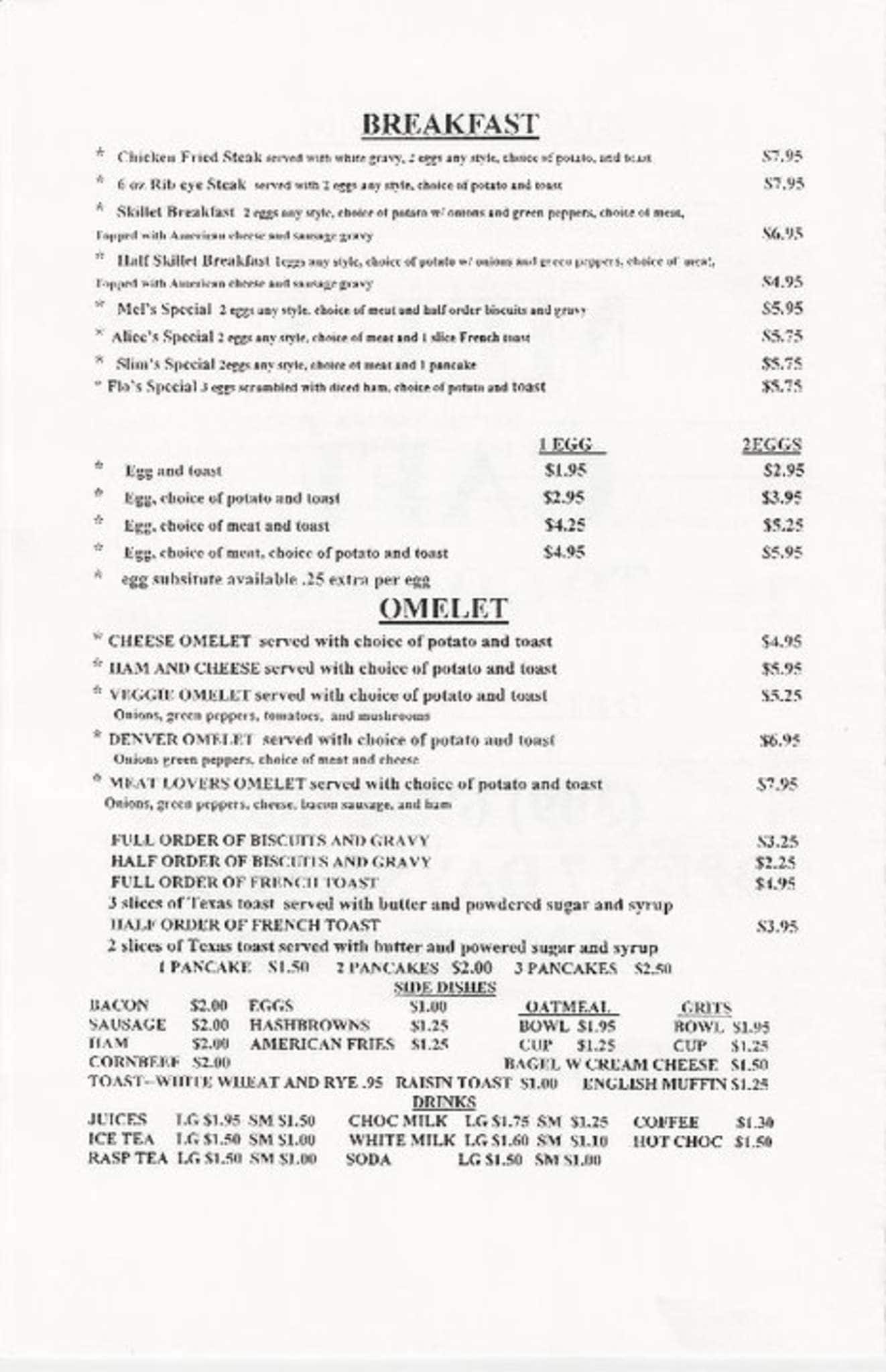 Menu at Mel's Cafe, East Peoria, 520 Bloomington Rd