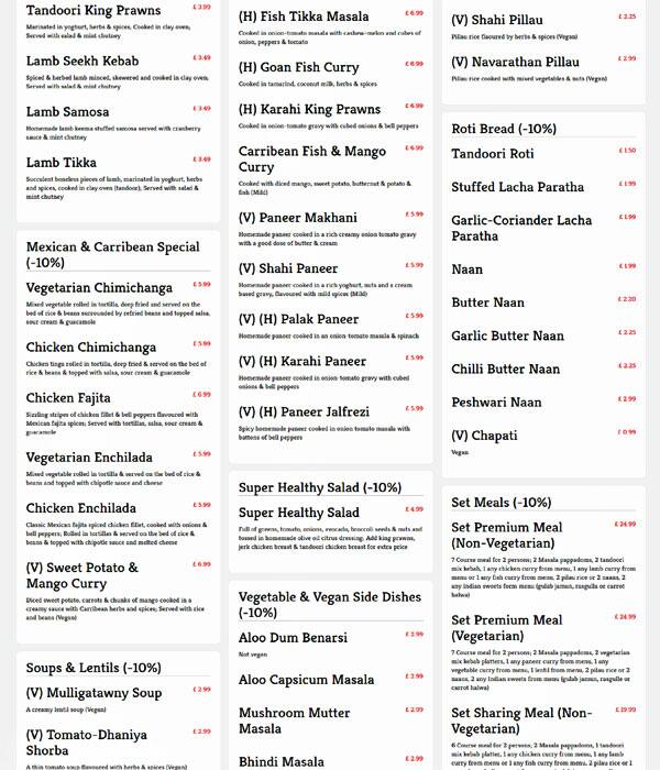 Menu at Spice brasserie restaurant, Liverpool