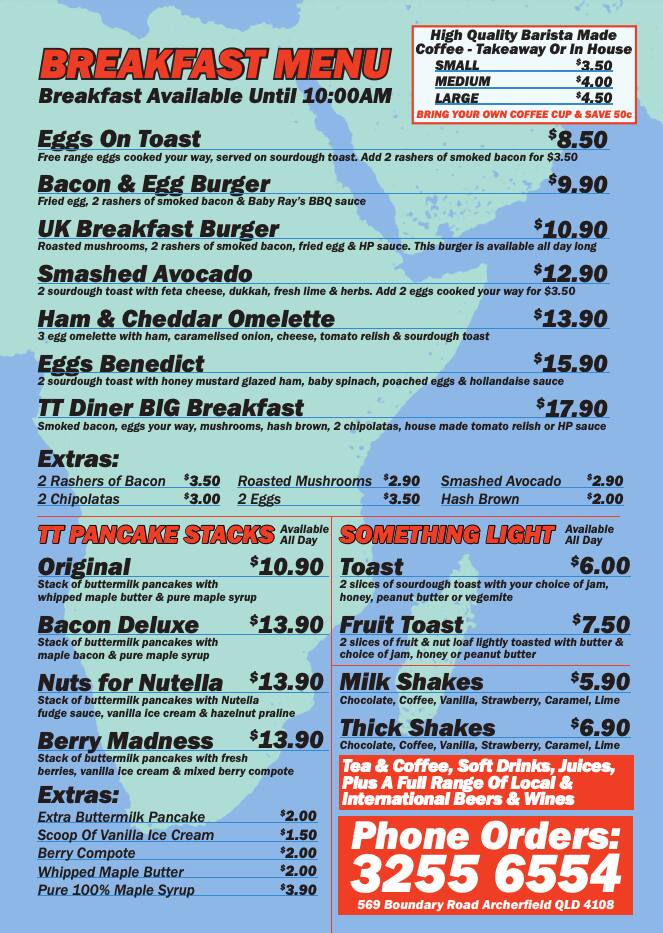 TT Diner Menu, Menu for TT Diner, Archerfield, Brisbane - Urbanspoon/Zomato