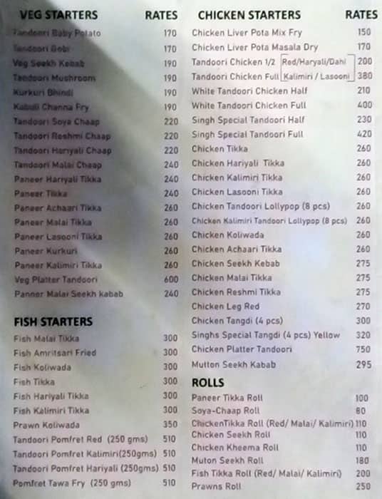 Menu of Tikka Singh, Chembur, Mumbai