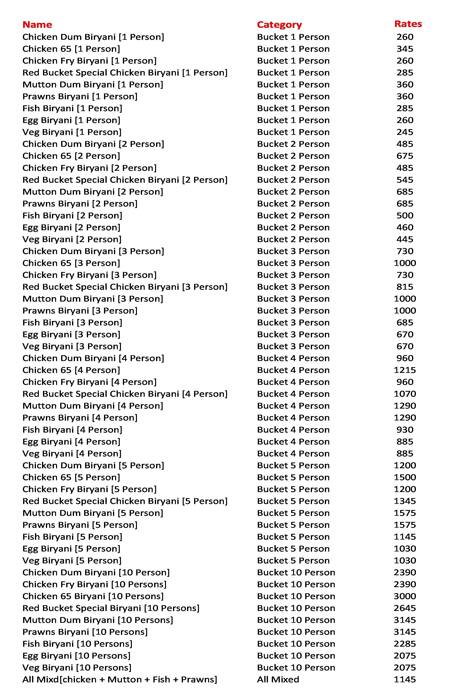 Menu of Red Bucket Biryani, Anakapalle Locality, Vizag
