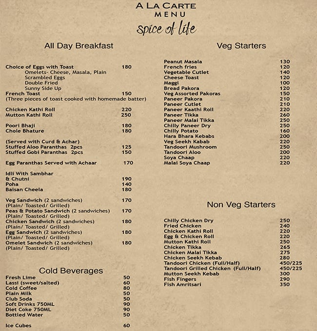 Menu at Spice of life, New Delhi, G52M+4M4